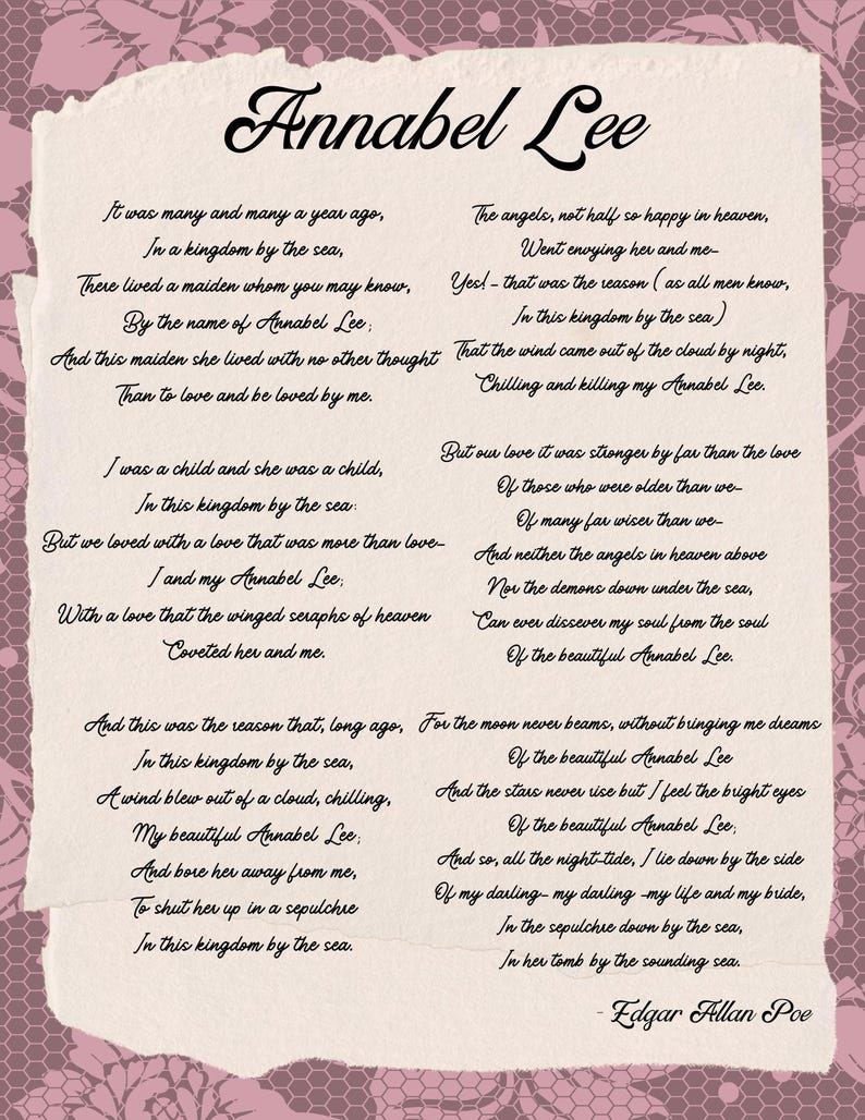 Annabel Lee Poem Print, Edgar Allan Poe, Valentines Gift (digital ...