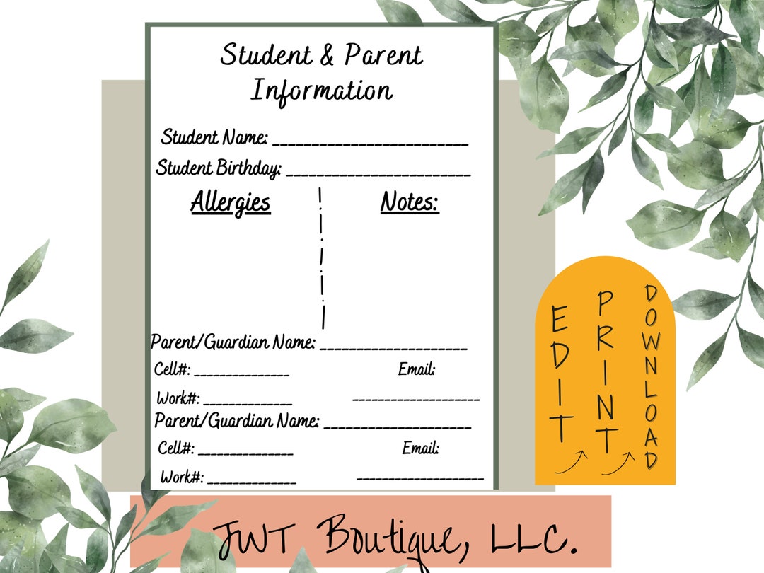 Student Parent Contact Information Form, Information Template, Sign in ...