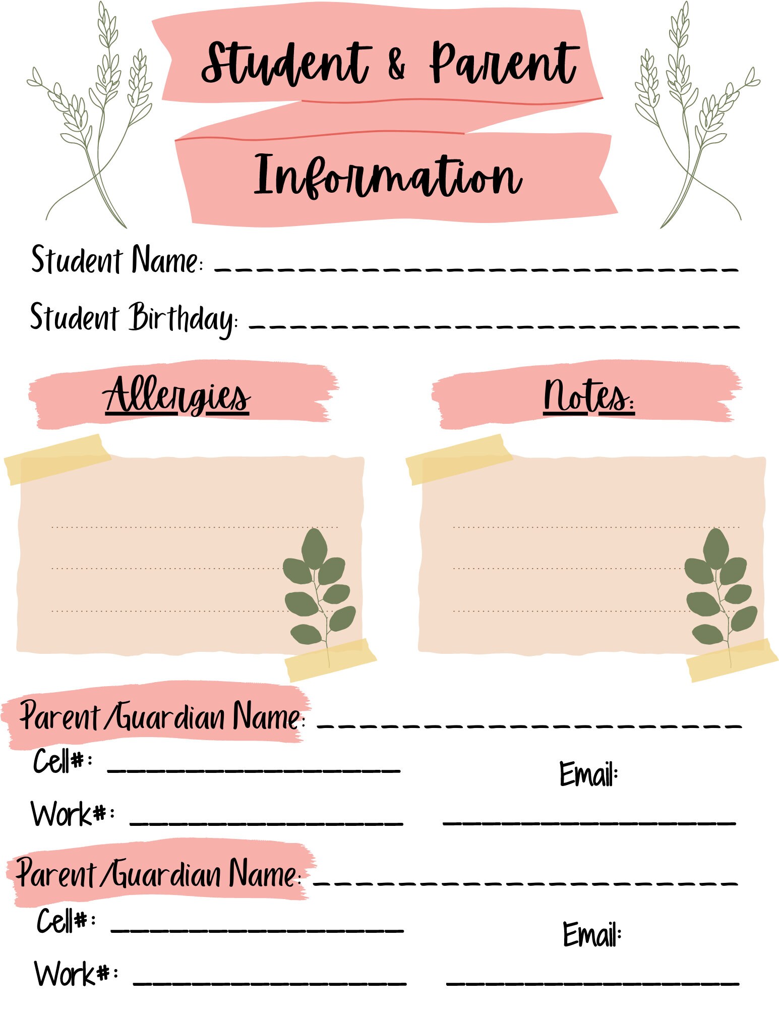Student Parent Contact Information Form, Information Template, Sign in ...
