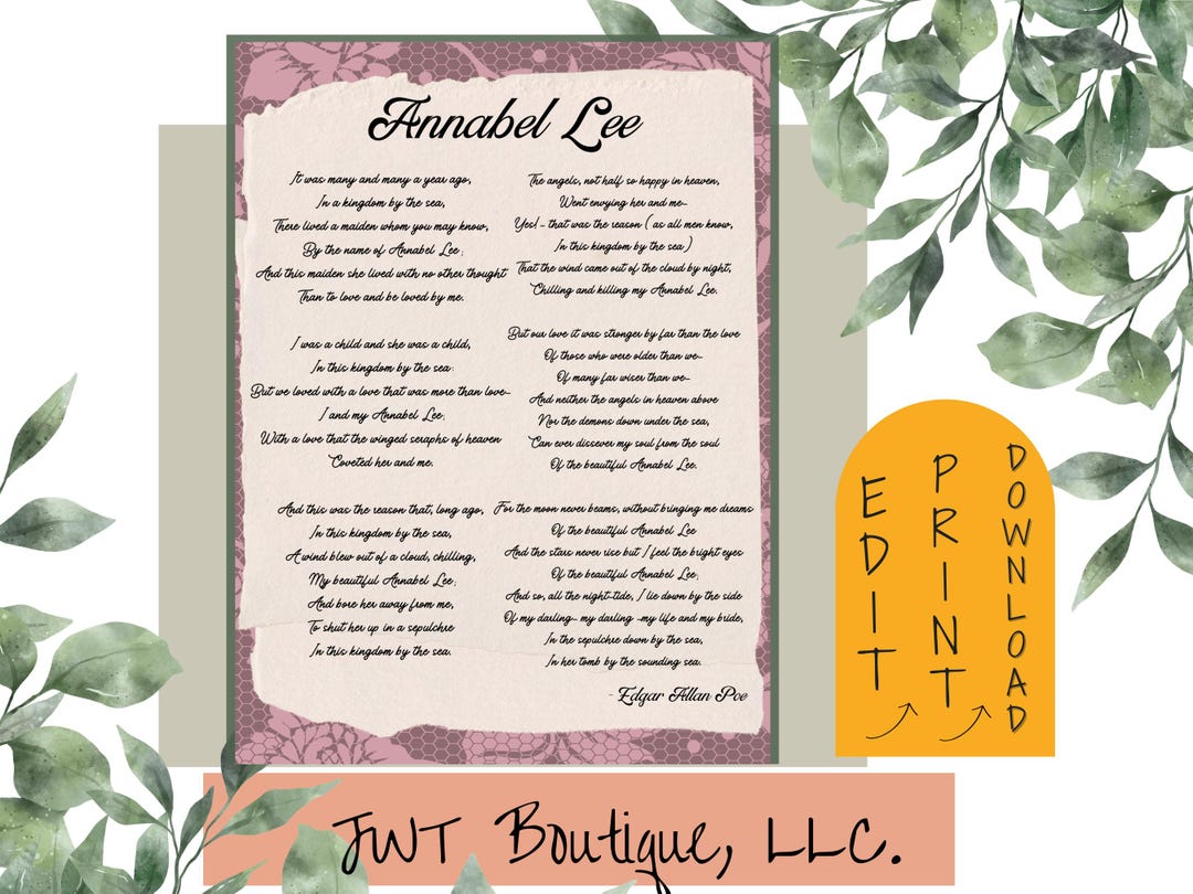 Annabel Lee Poem Print: Edgar Allan Poe Valentine's Gift (digital ...