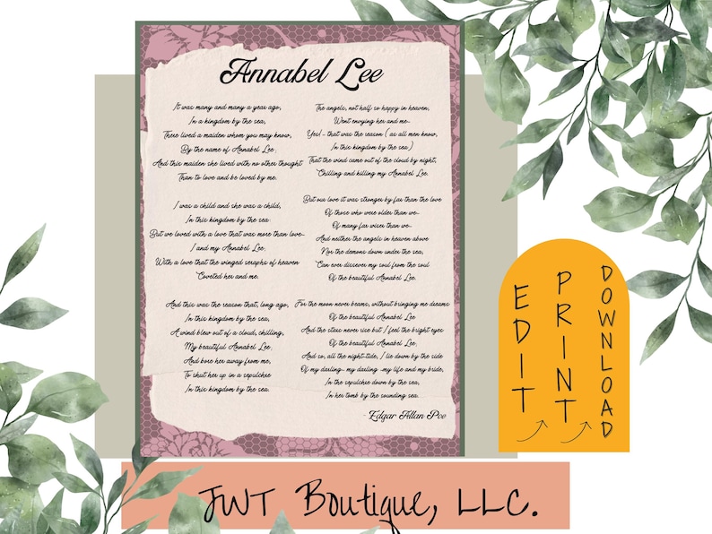 Annabel Lee Poem Print, Edgar Allan Poe, Valentines Gift (digital ...