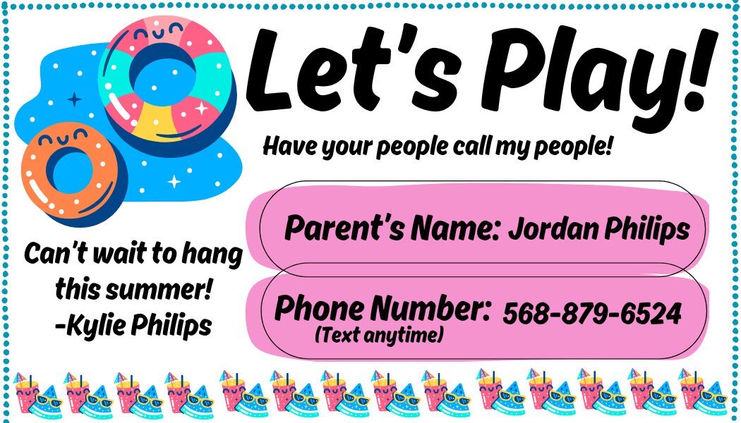 Contact Cards for Kids, Play Date Cards, Playdate Cards, Playdate ...