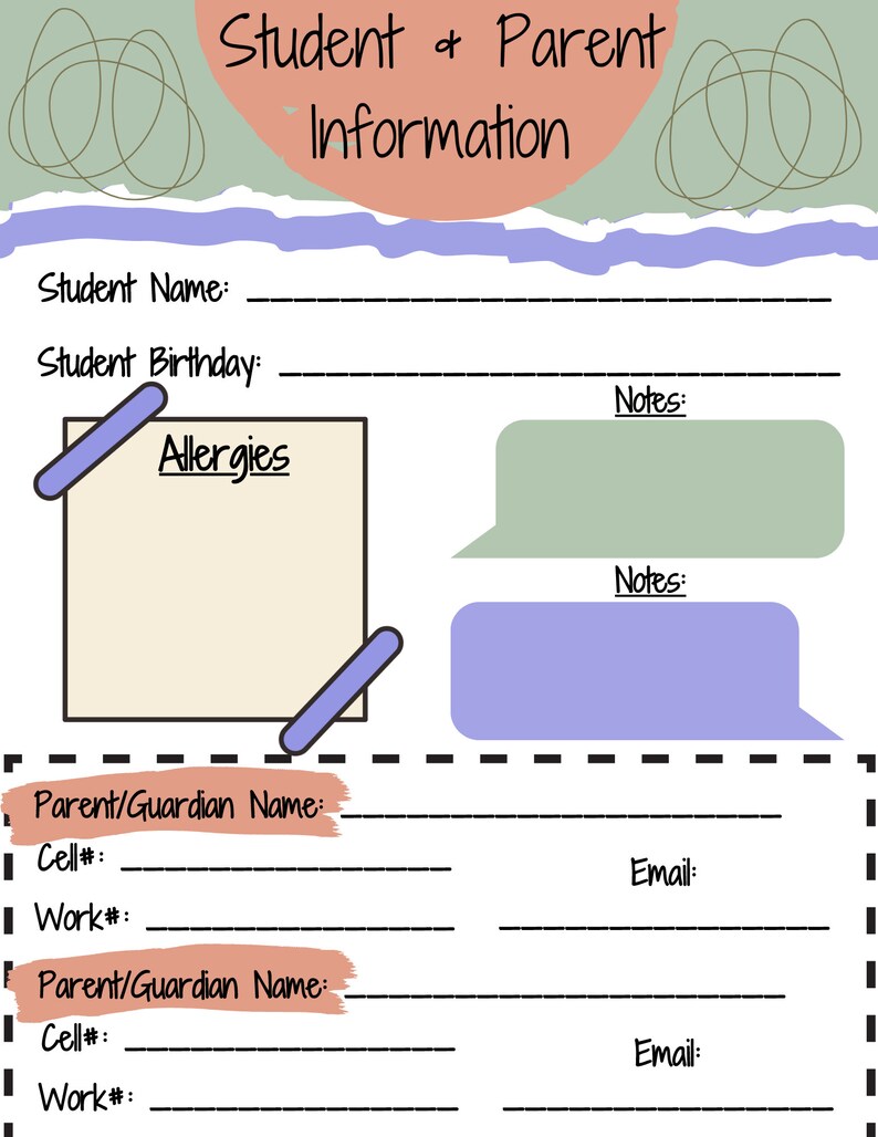 Student Parent Contact Information Form, Information Template, Sign in ...