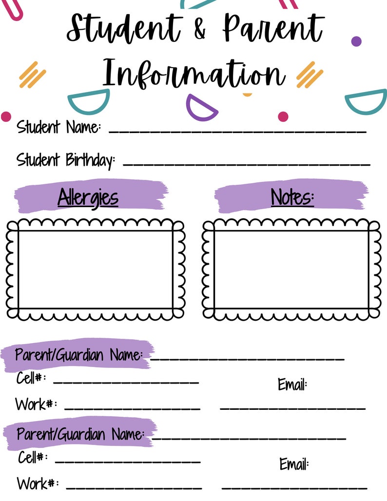 Student Parent Contact Information Form, Information Template, Sign in ...