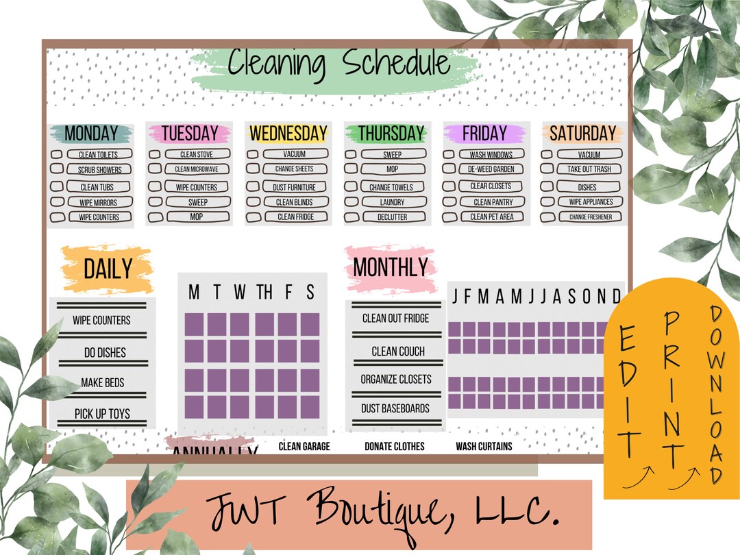 New Years Cleaning Schedule, Chore Chart Templates, Cleaning Chart ...