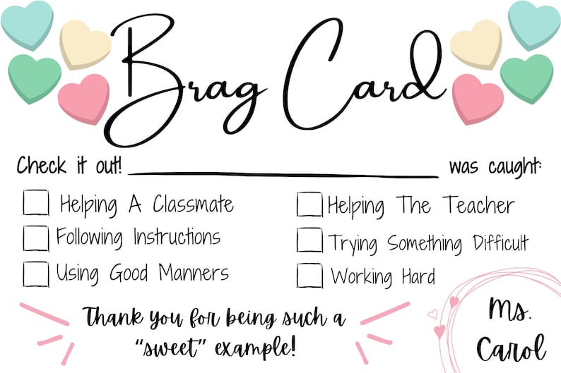 Valentines Brag Card, Teacher Note Cards, Teacher Positive Affirmation ...