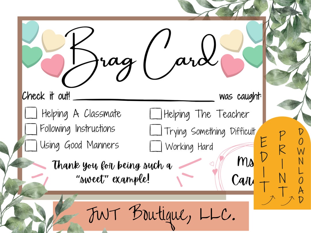 Valentines Brag Card, Teacher Note Cards, Teacher Positive Affirmation ...