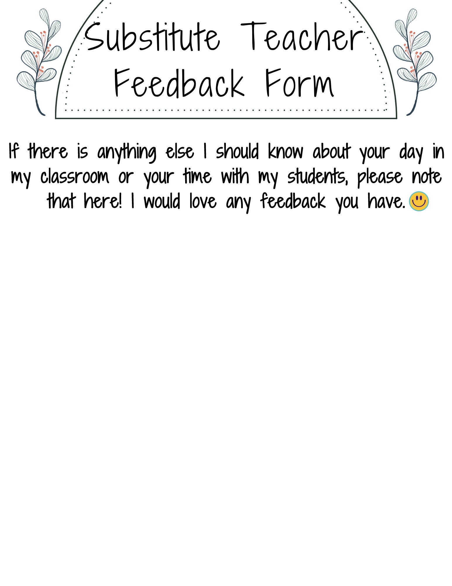Substitute Teacher Forms Feedback, Back to School Printables ...
