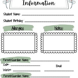 Student Parent Contact Information Form, Information Template, Sign in ...