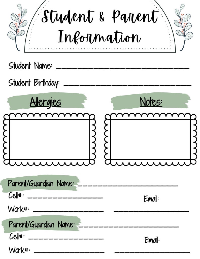 Student Parent Contact Information Form, Information Template, Sign in ...