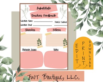 Substitute Feedback Form Template Teacher Printable - PDF Classroom ...