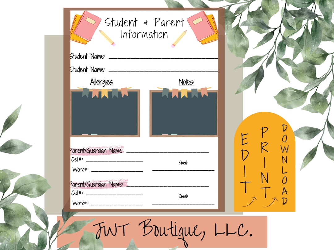 Student Parent Contact Information Form, Information Template, Sign in ...