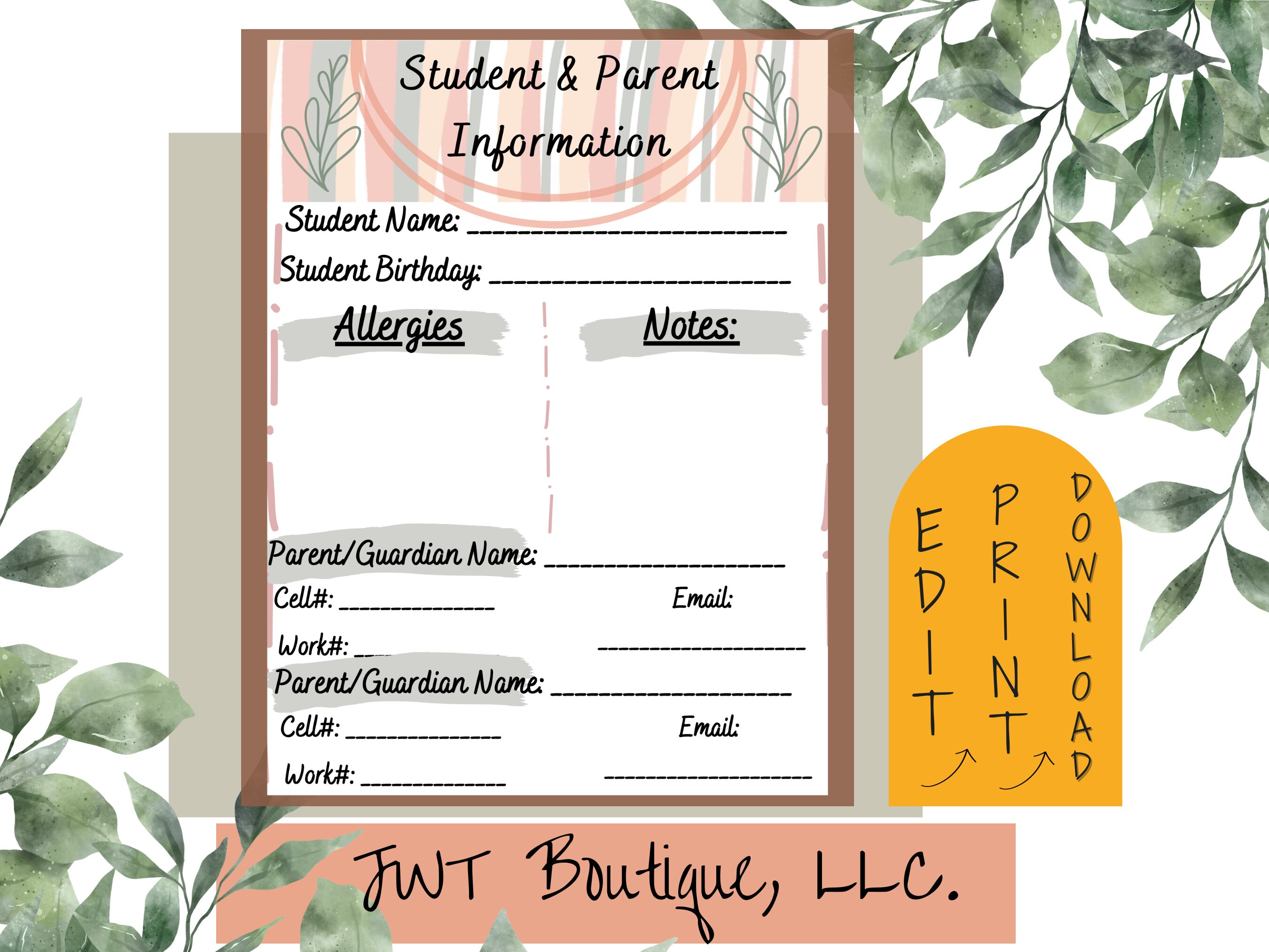Student Parent Contact Information Form, Information Template, Sign in ...