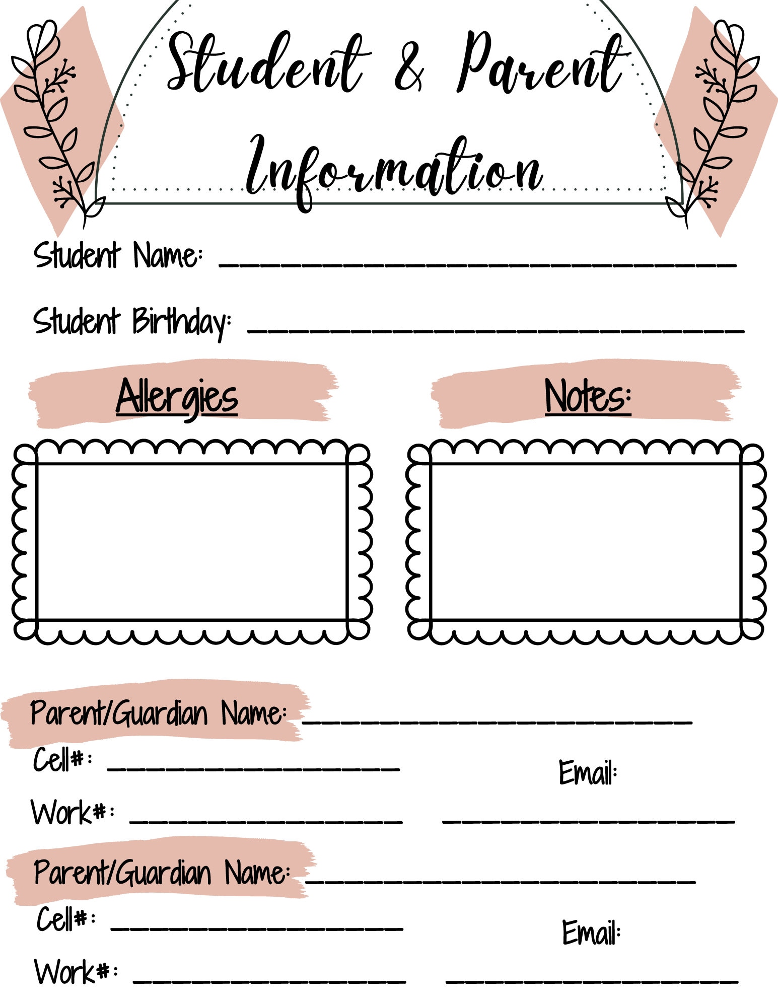 Student Parent Contact Information Form, Information Template, Sign in ...