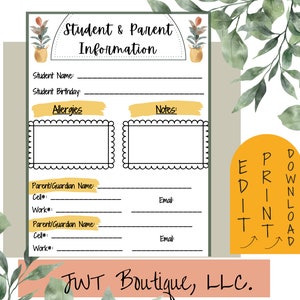 Student Parent Contact Information Form, Information Template, Sign in ...
