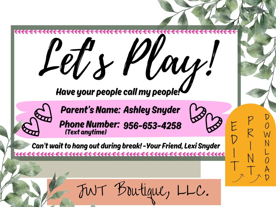 Contact Cards for Kids, Play Date Cards, Playdate Cards, Playdate ...