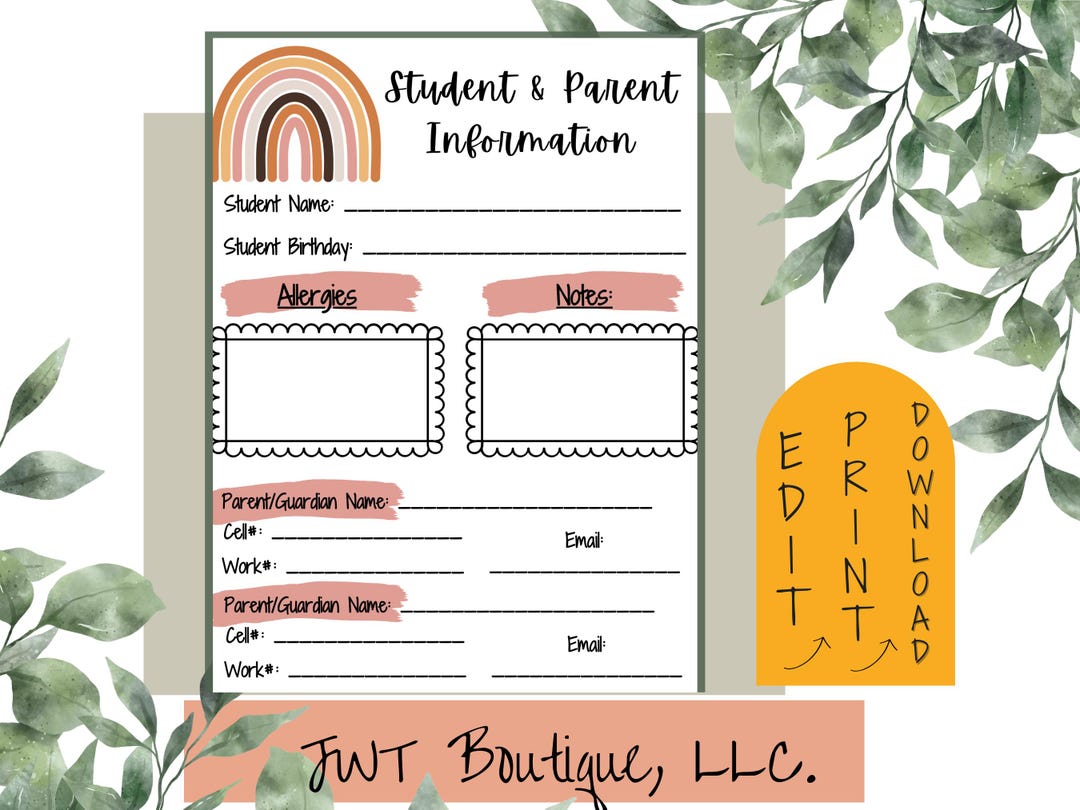 Student Parent Contact Form: Printable Information Template (digital ...