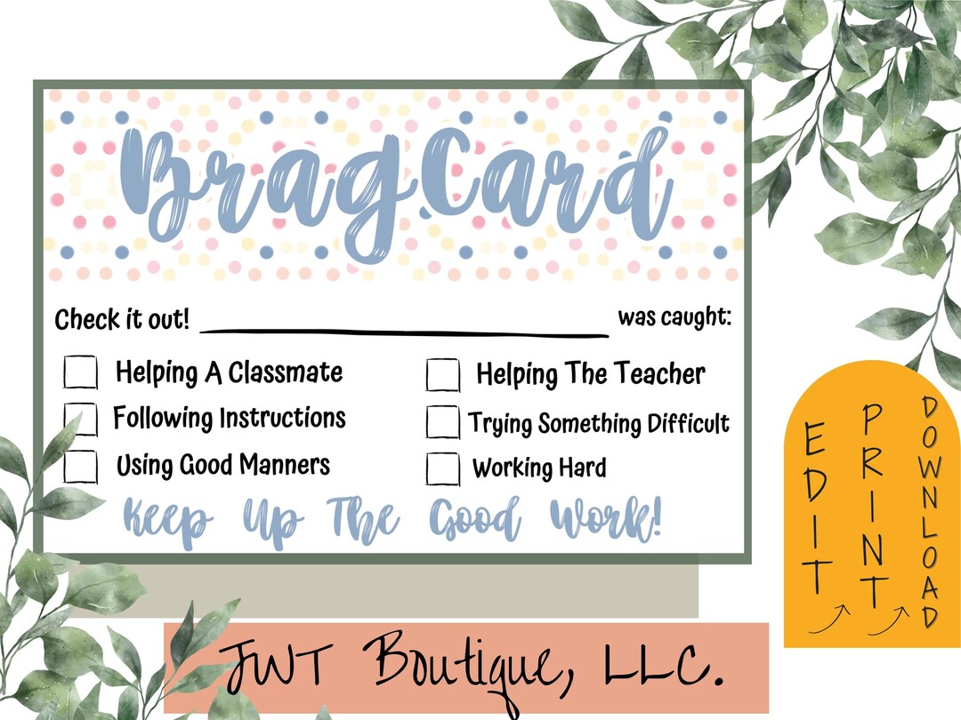 Teacher Brag Card: Printable Student Encouragement Note (digital ...
