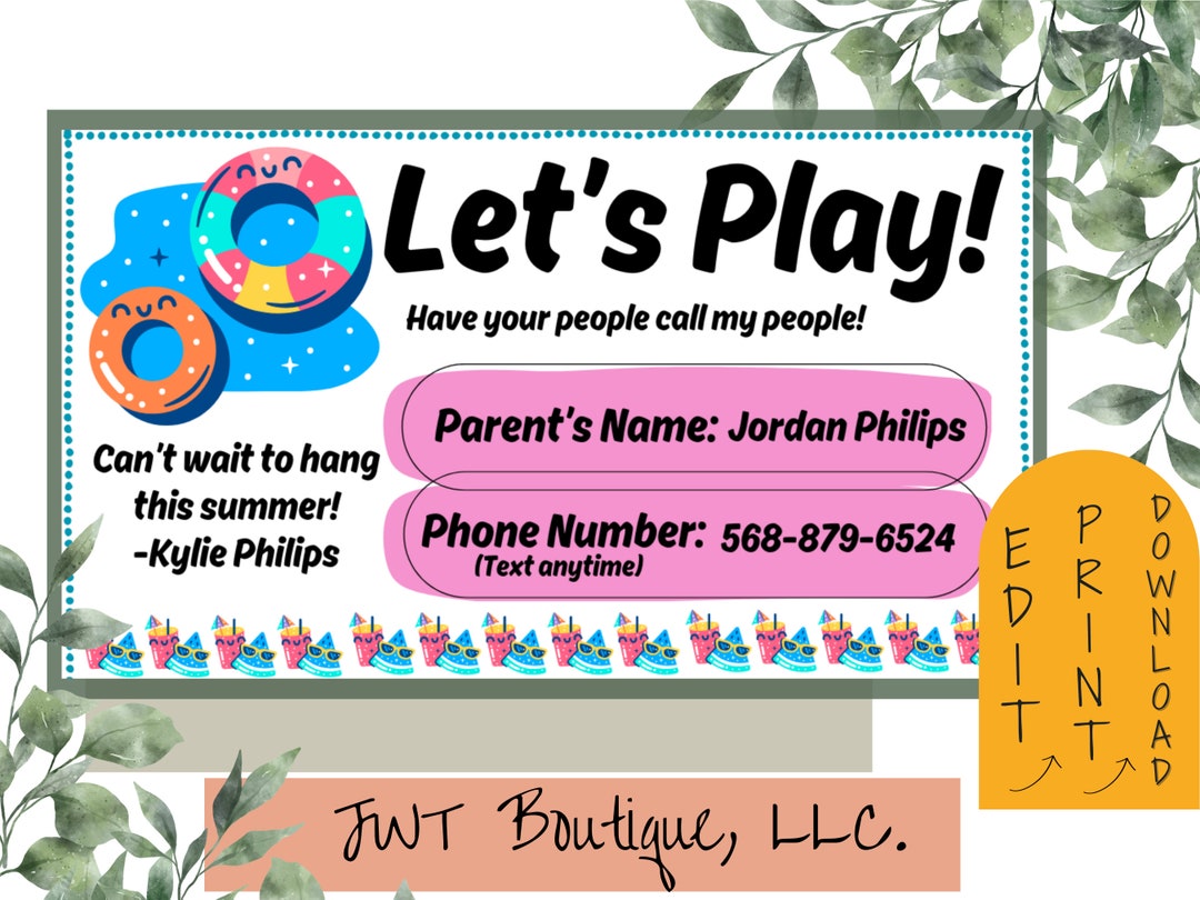 Contact Cards for Kids, Play Date Cards, Playdate Cards, Playdate ...