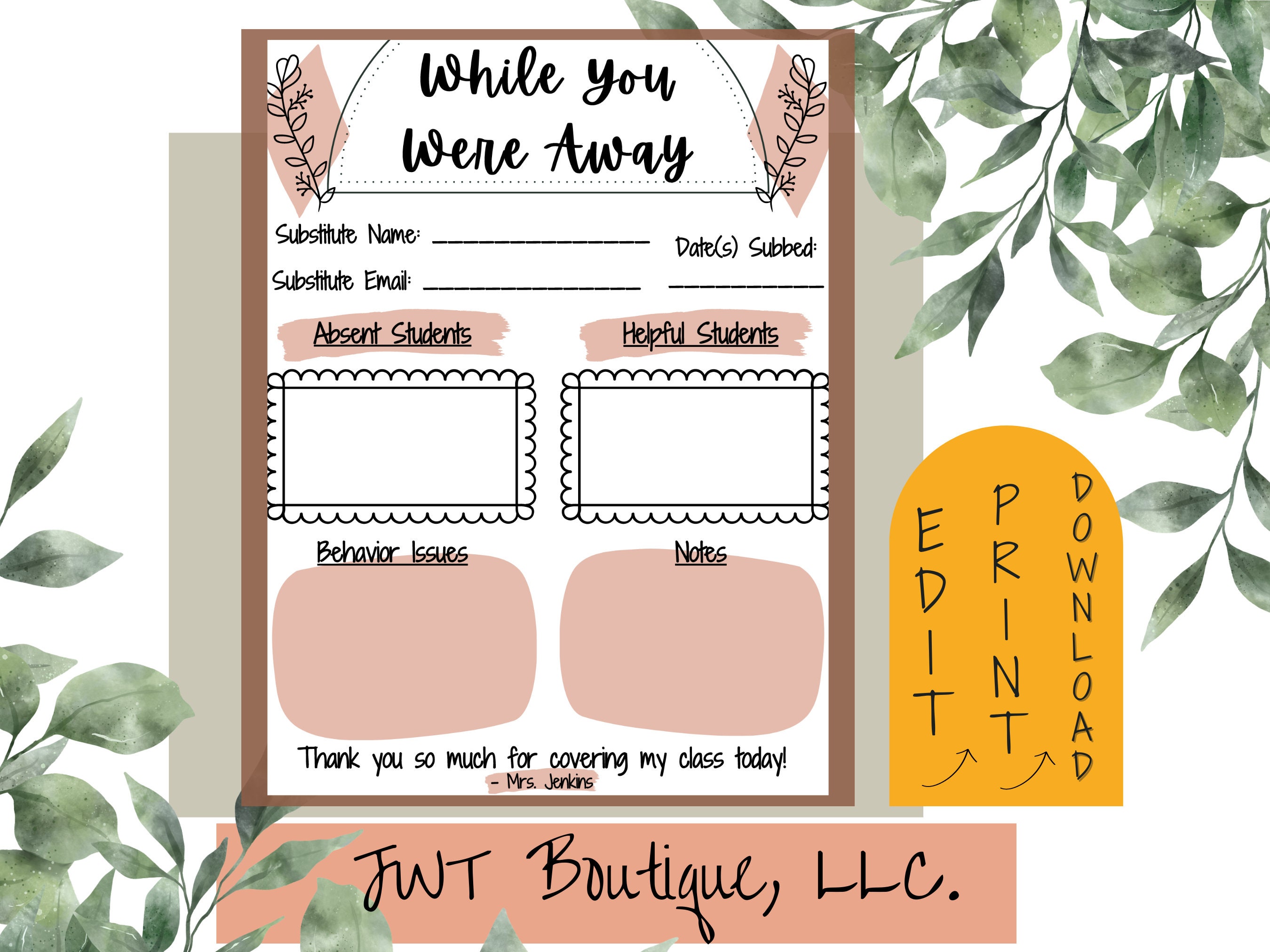 Substitute Teacher Forms Feedback, Back to School Printables ...