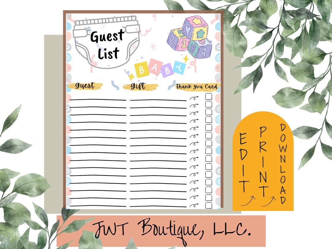 Guest List, Guest List Printable, Baby Shower Guest Book, Printable ...