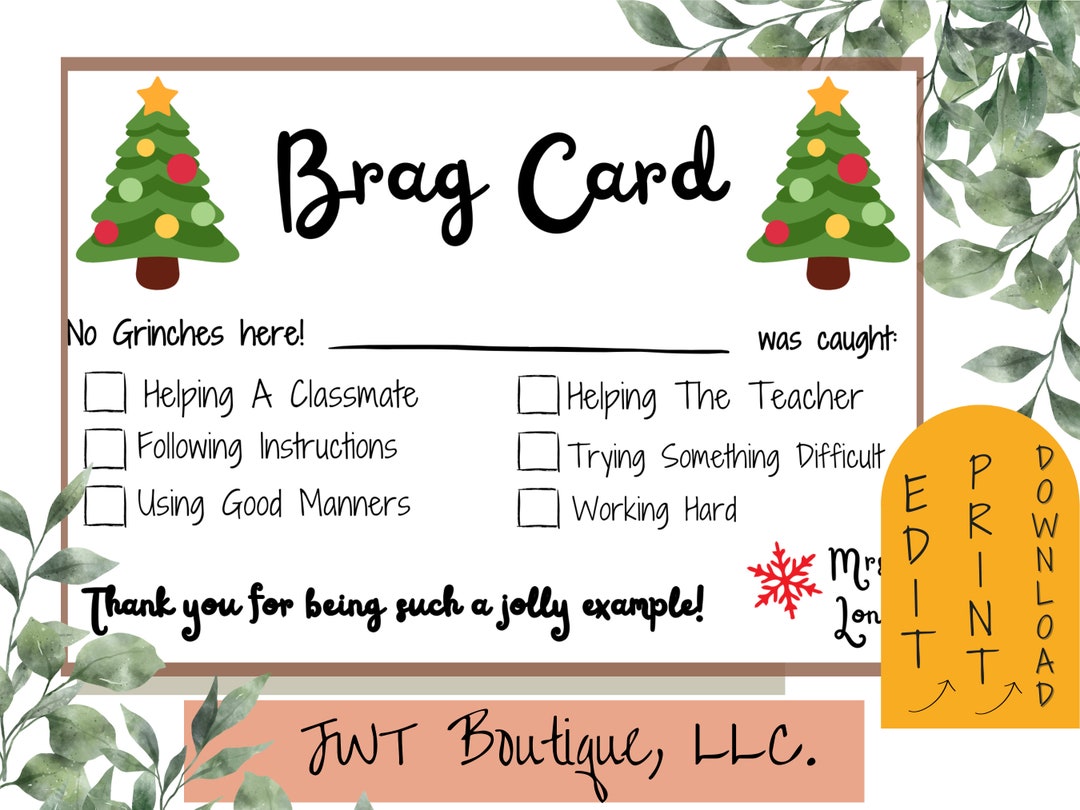Brag Cards for Students, Teacher Note Cards, Staff Incentive Card, Back ...