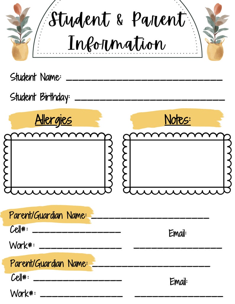 Student Parent Contact Information Form, Information Template, Sign in ...