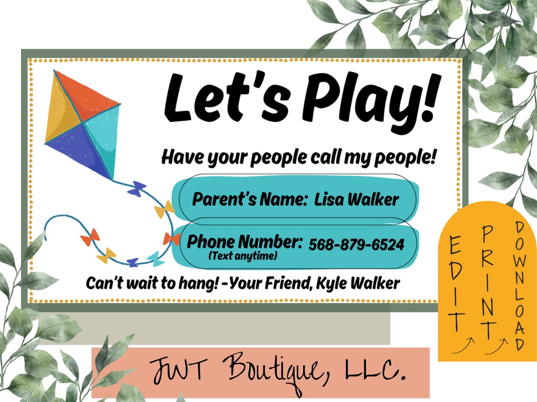 Contact Cards for Kids, Play Date Cards, Playdate Cards, Playdate ...