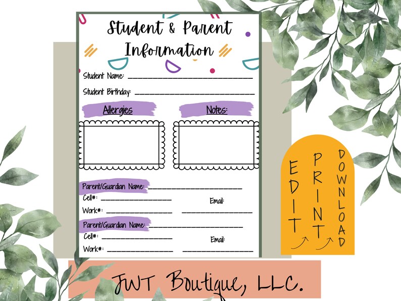 Student Parent Contact Information Form, Information Template, Sign in ...
