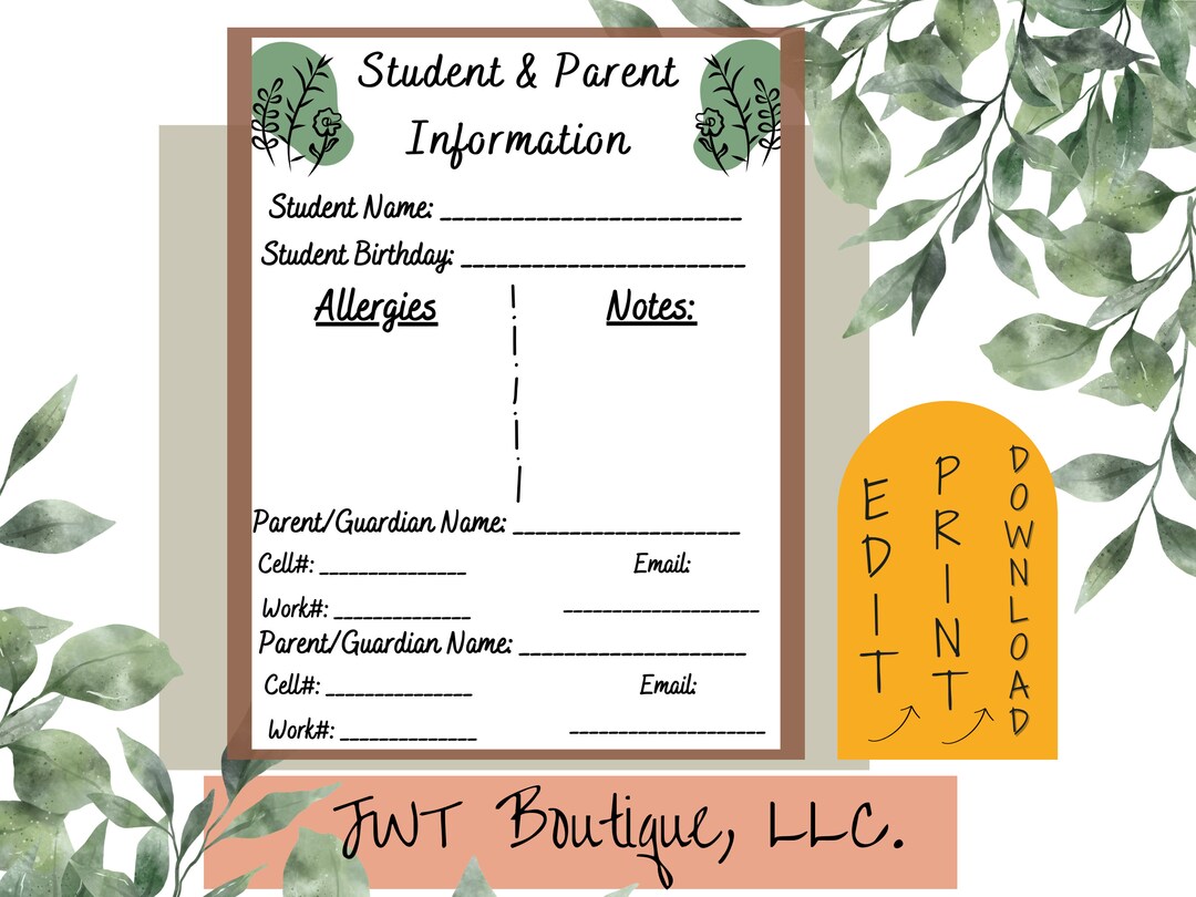 Student Parent Contact Information Form, Information Template, Sign in ...
