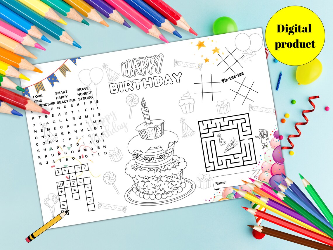 Children Birthday Activity Sheet| Placemat for Birthday Party|printable ...