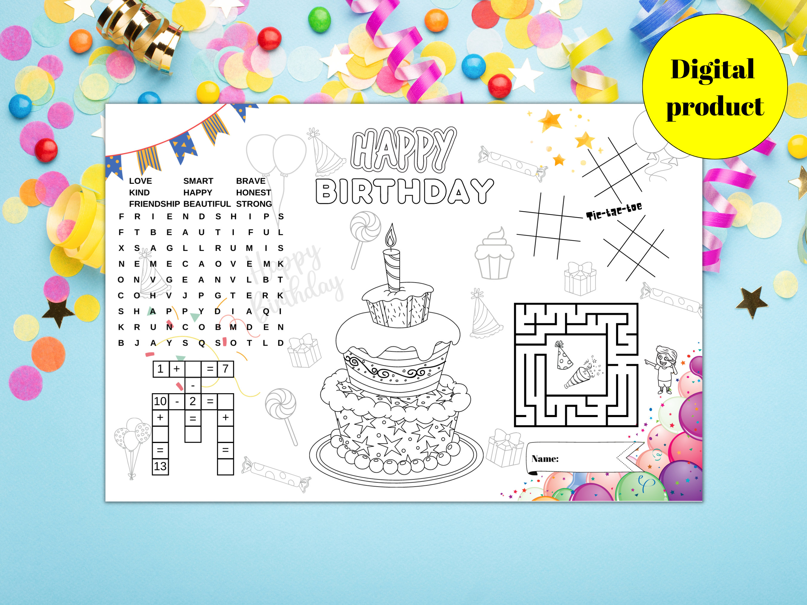 Children Birthday Activity Sheet| Placemat for Birthday Party|printable ...