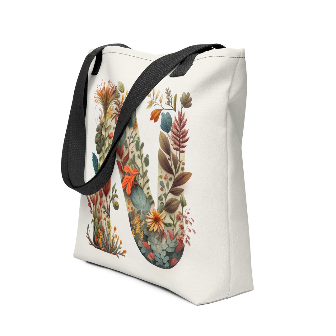 Letter N Tote Bag Botanical Plant Letters Beach Bag Purse for Shopping ...