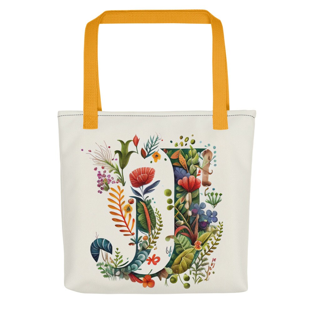 Letter J Tote Bag Botanical Plant Letters Beach Bag Purse for Shopping ...