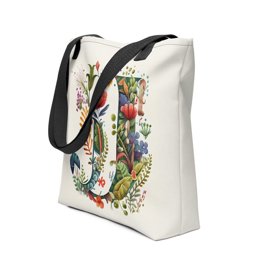 Letter J Tote Bag Botanical Plant Letters Beach Bag Purse for Shopping ...