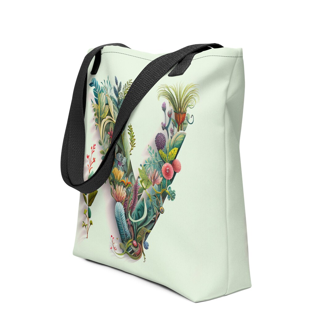 Letter V Tote Bag Botanical Plant Letters Beach Bag Purse for Shopping ...