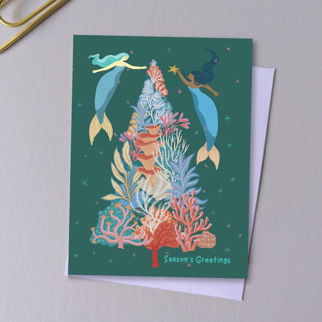 Mermaid Season's Greetings Card, Mermaid Christmas Card, Blank on the ...