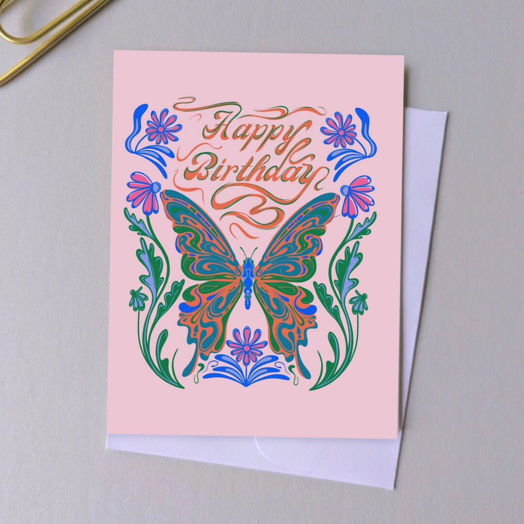 Retro Pink Butterfly Birthday Card A2 Card, Blank on the Inside - Etsy