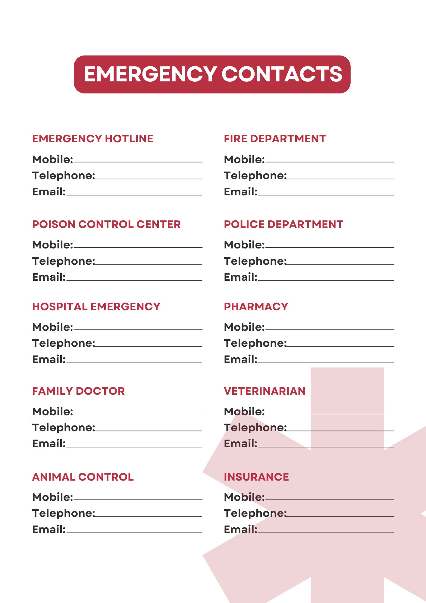Simple Emergency Contacts List - Etsy