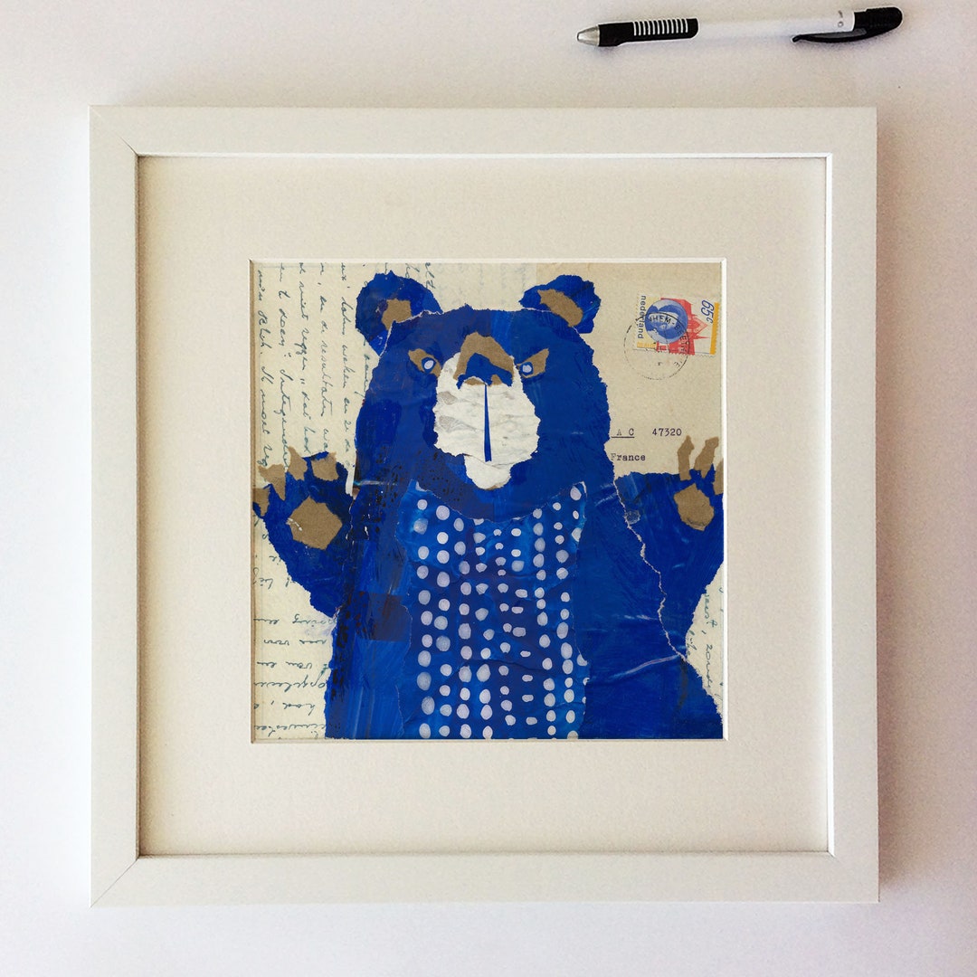 Original Collage,bear Art,animal Illustration,blue Art,animal Art,bear ...