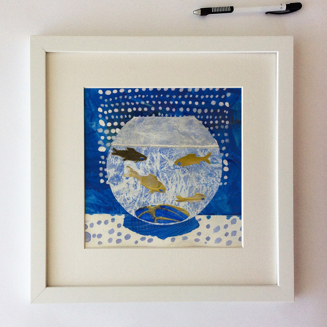 Original Collage #55, Coastal,fish,gold,square Art, Dots,polka Dots ...