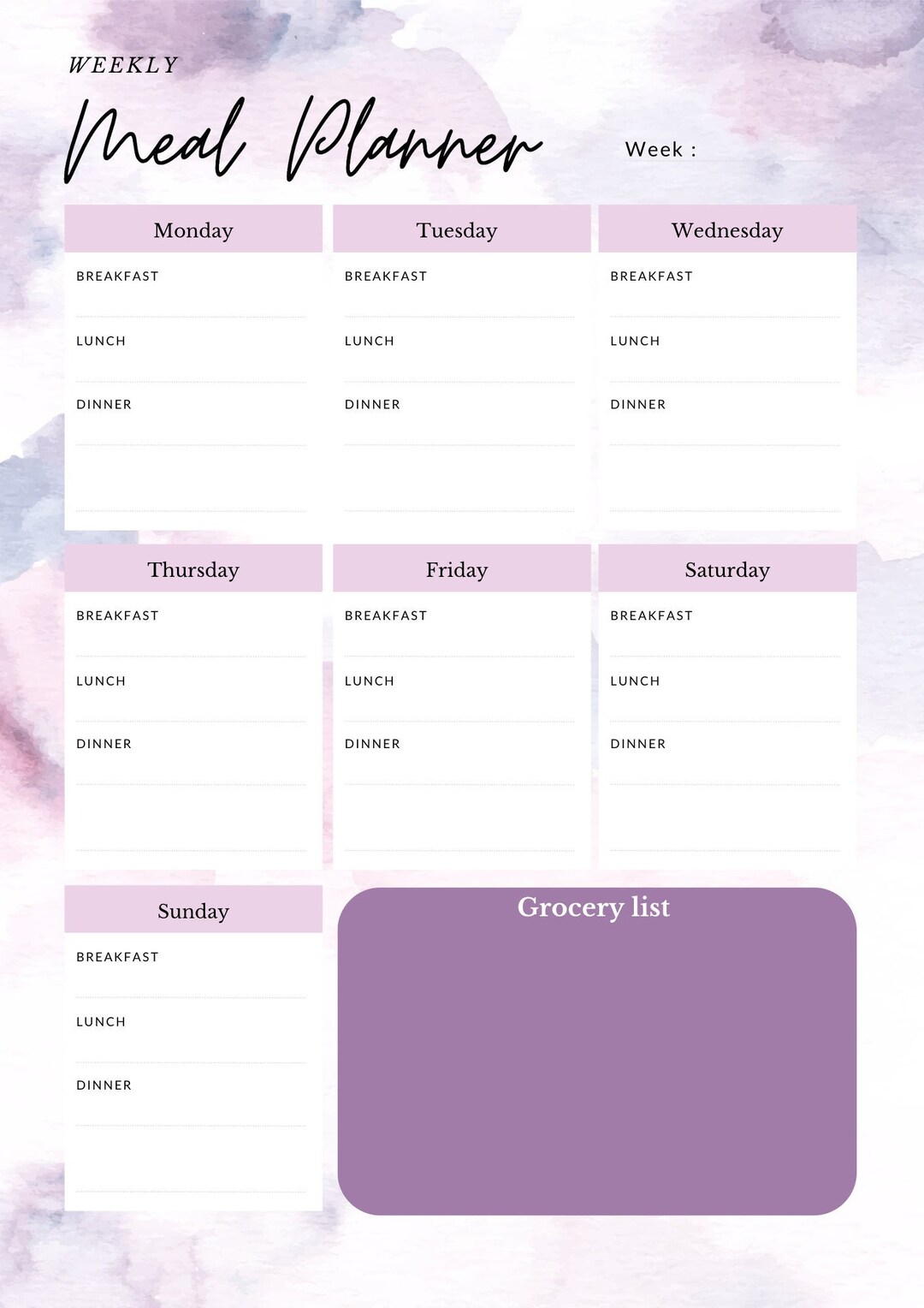 Weekly Meal Planner With Grocery List BONUS Weekly Meal Journal - Etsy