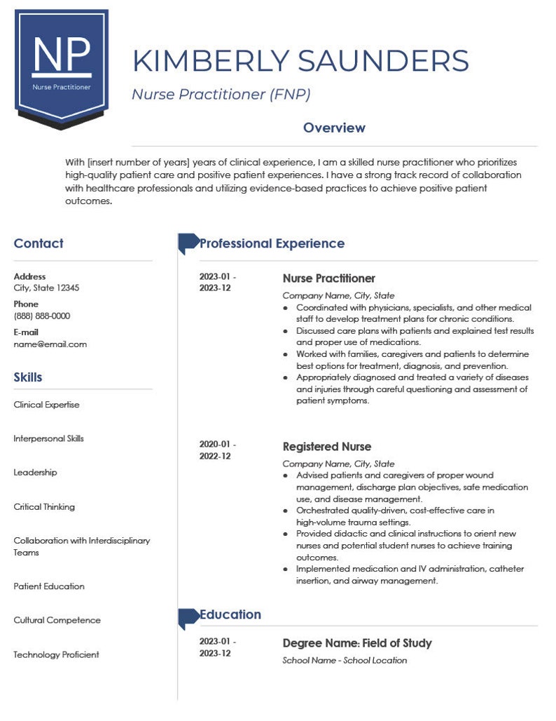 Nurse Practitioner Resume Template - Etsy