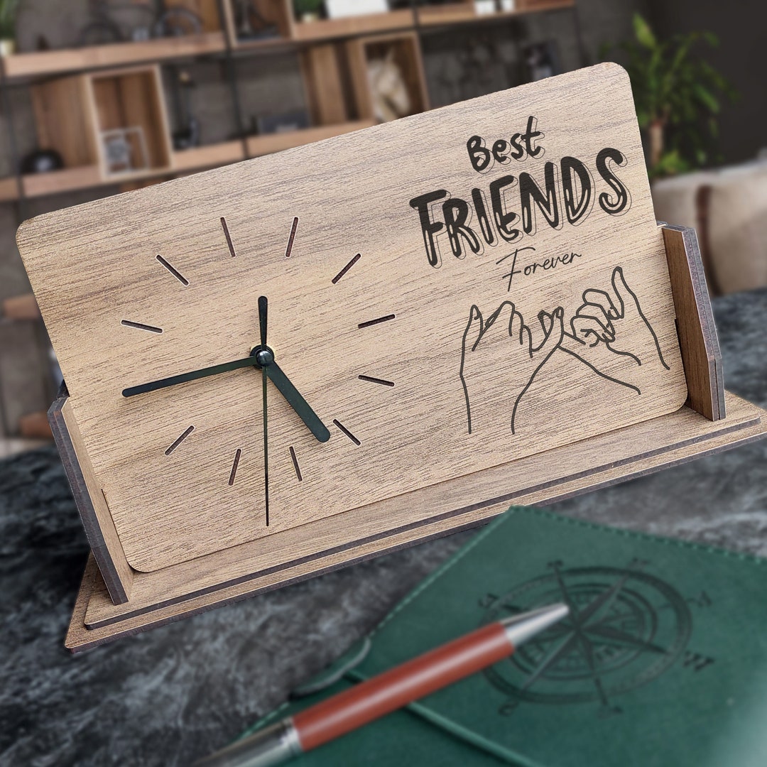 BEST FRIEND GIFT, Engraved Photo Desk Clock, Wooden Small Clock ...