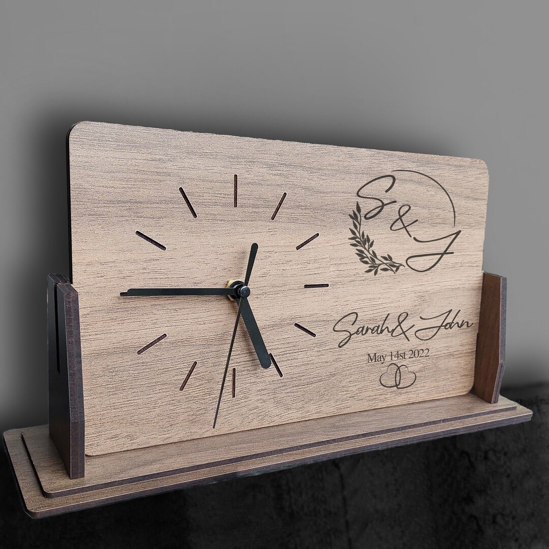 Custom Wood Desk Clock - Engraved Initials, Personalized Wedding Gift ...