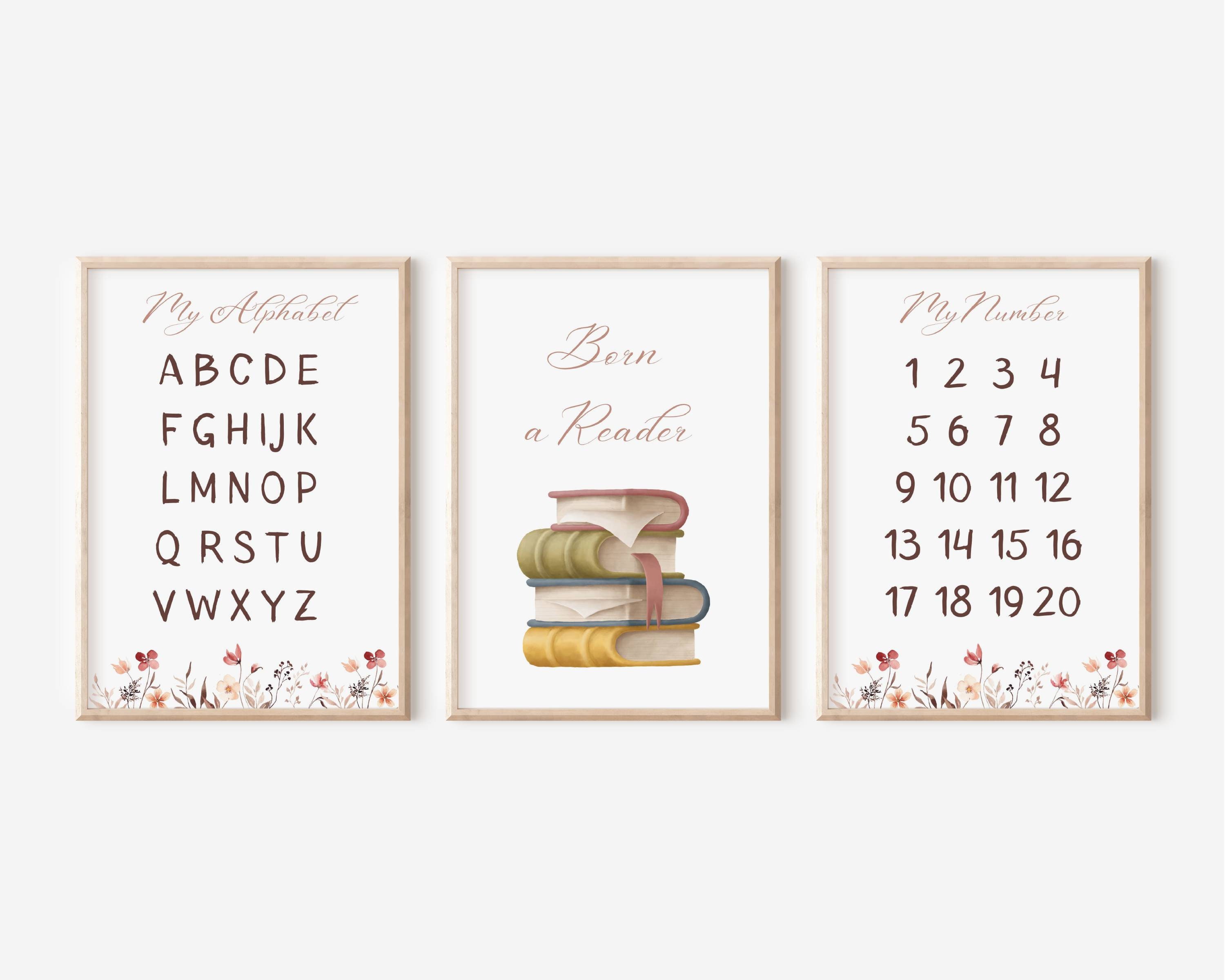 Educational Set of 3, Girly Room Decor, Wildflowers Wall Art, Number ...