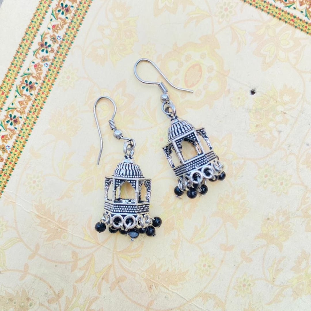 Buy Black Beads Small Jhumka Earring, 925 Sterling Silver Plated ...