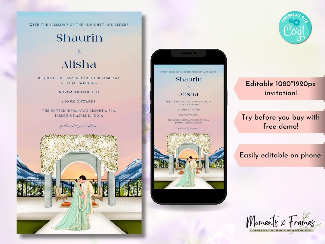 Editable Mountain Destination Indian Wedding Invitation, Couple ...
