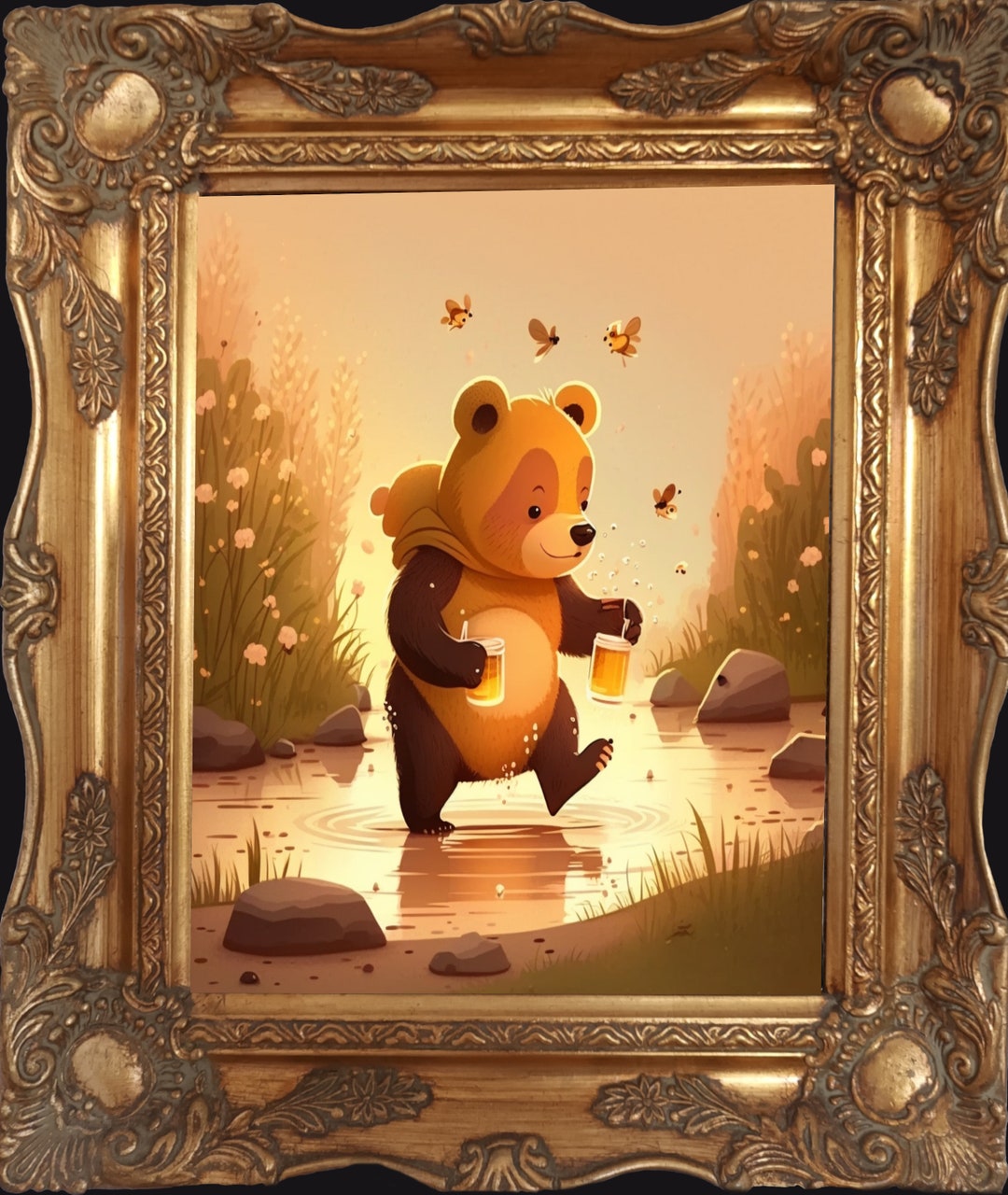 Digital Art of a Honey Thief Cute Bear Chased by Angry Bees for Instant ...