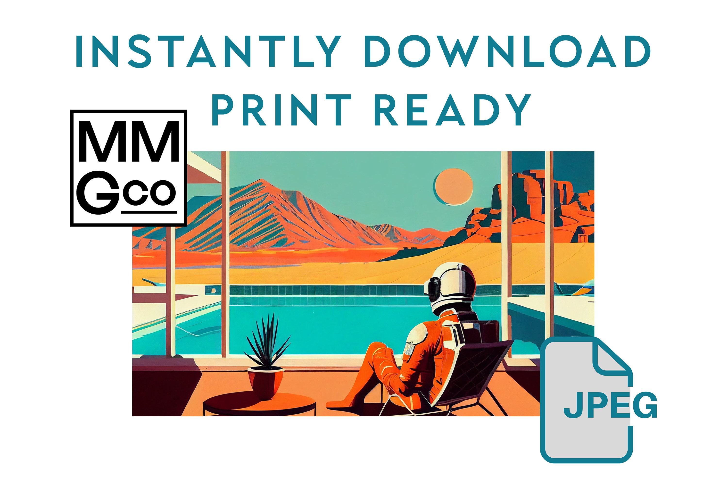 Mid Century Poolside Scene, Astronaut Relaxing on Mars Art, Instant ...